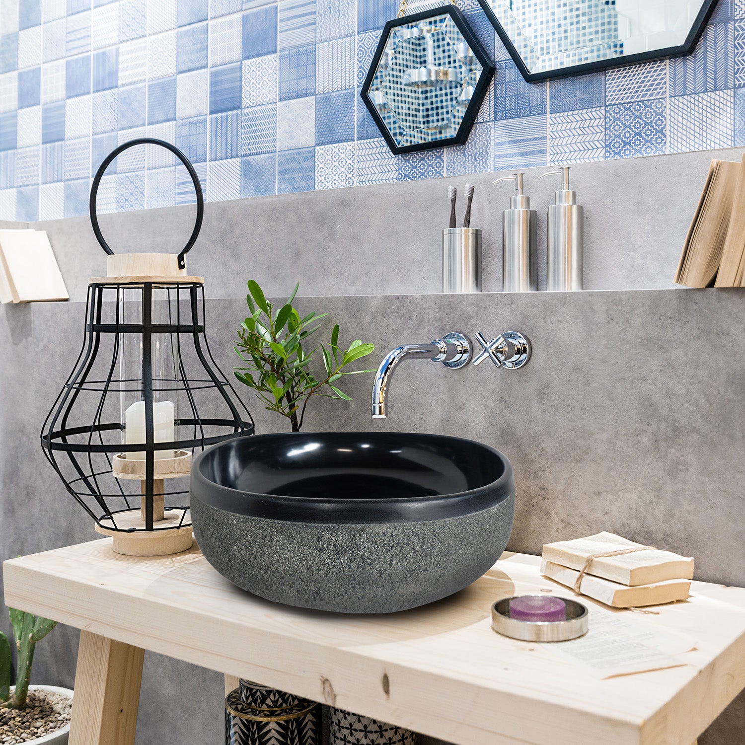 Elegance in Black Santorini Basalt Sink | Pebble Tile